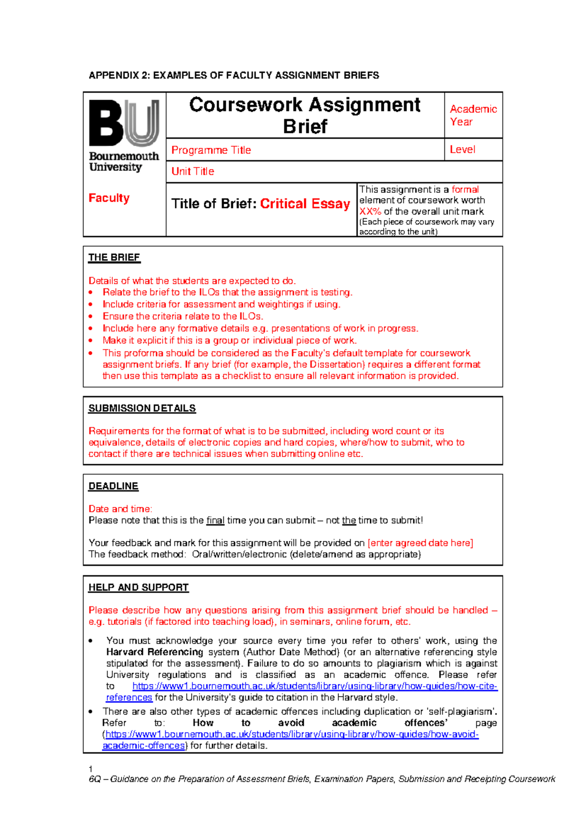 6Q - Faculty Assignment Brief Examples & Guidance for Coursework - Studocu