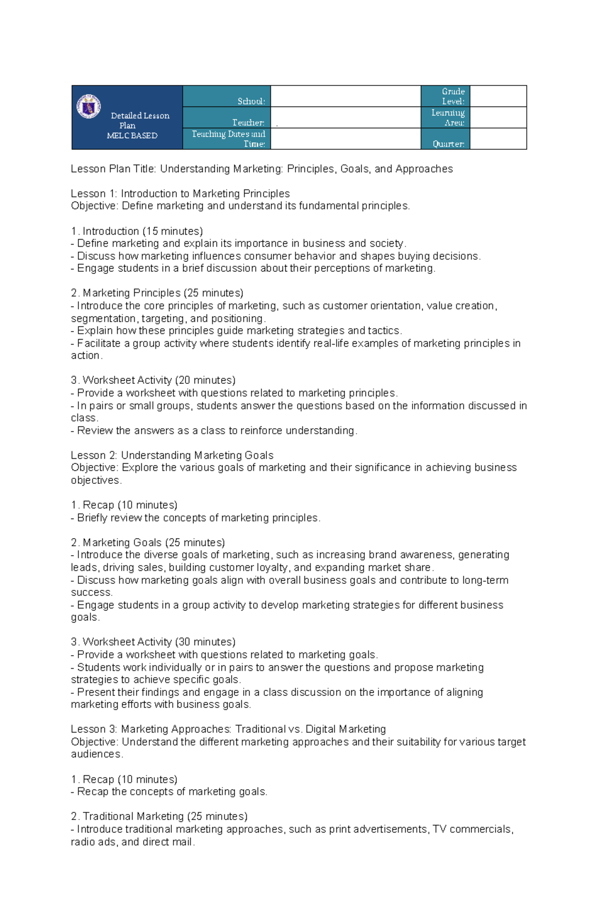 Principles of Marketing Q1 DLL: Comprehensive Lesson Plans and ...