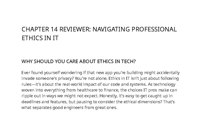 CHAPTER 14 REVIEWER: ETHICS IN IT AND PROFESSIONAL RESPONSIBILITY - Studocu