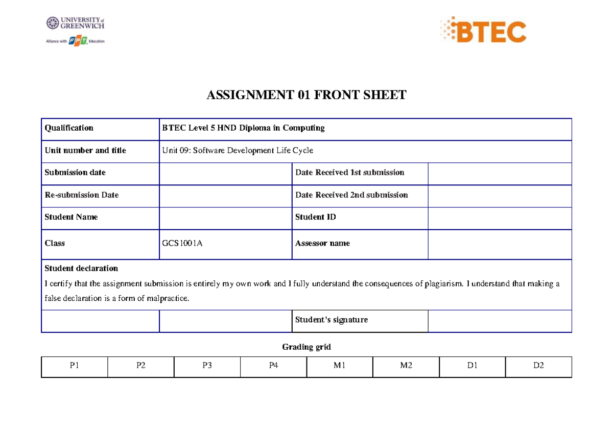 SDLC ASM1 - About software development cycle - ASSIGNMENT 01 FRONT SHEET Qualification BTEC ...