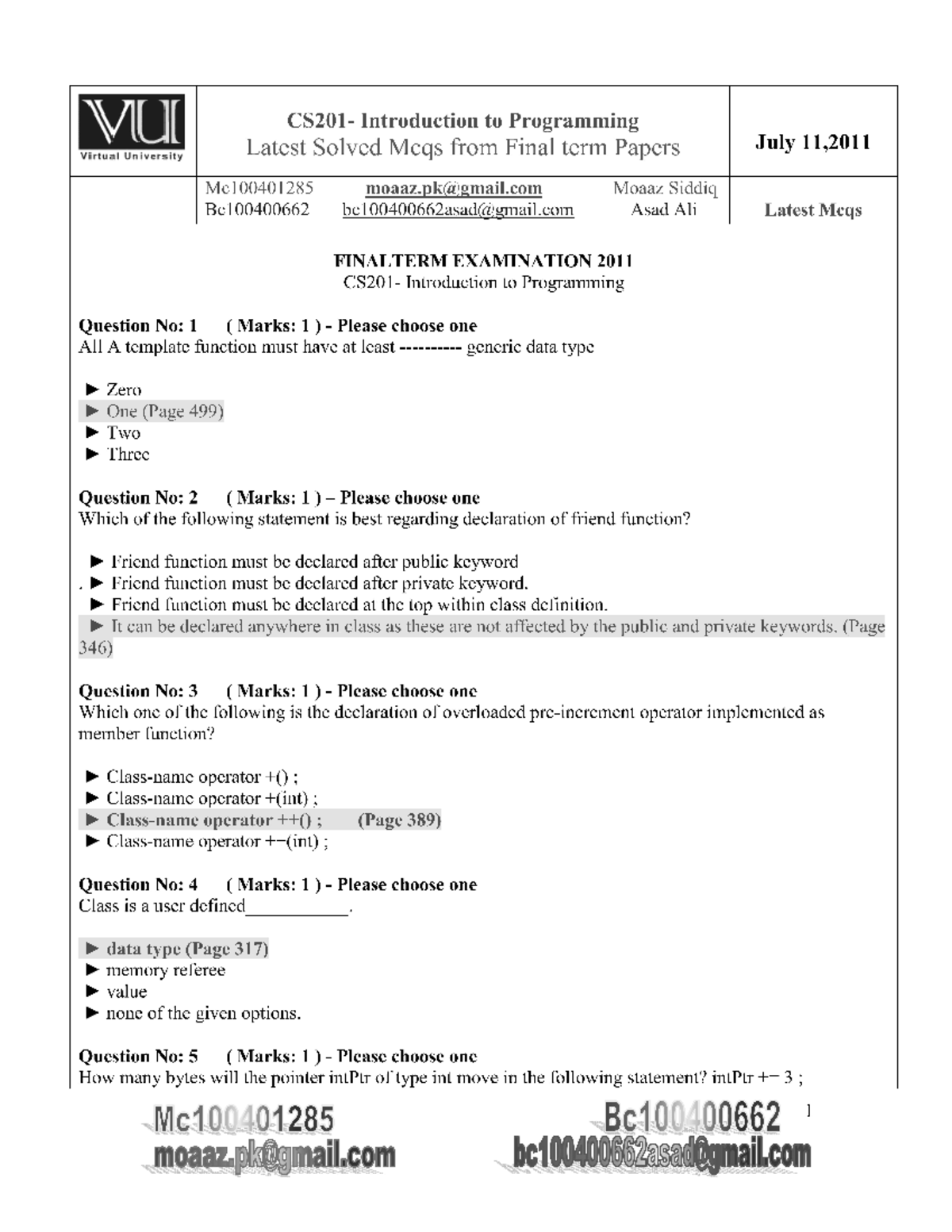 Cs201: Collection of Past Exam Papers for Review - Studocu