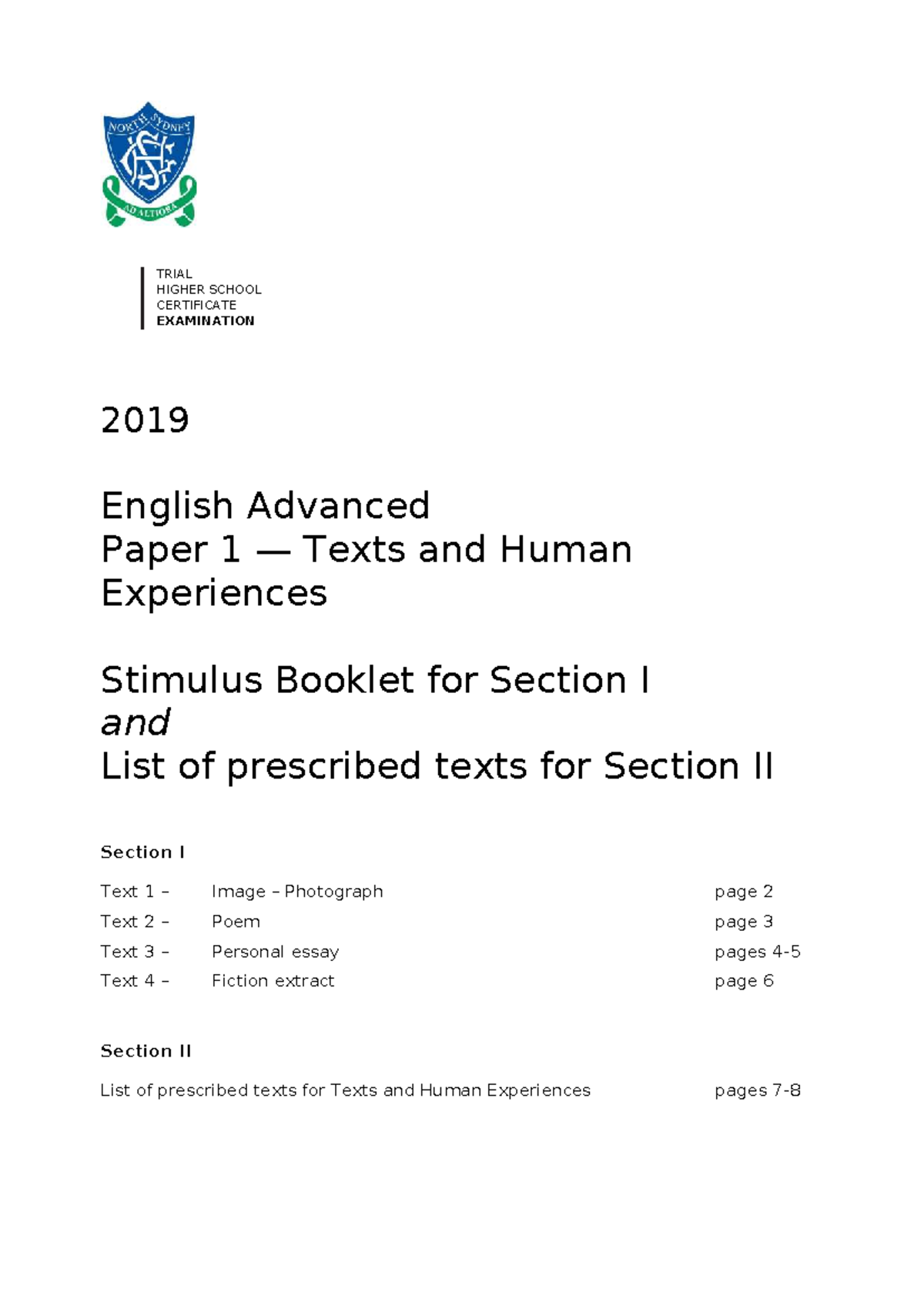 NSG 2019 Advanced Paper 1 Stimulus Booklet: Texts & Human Experiences ...