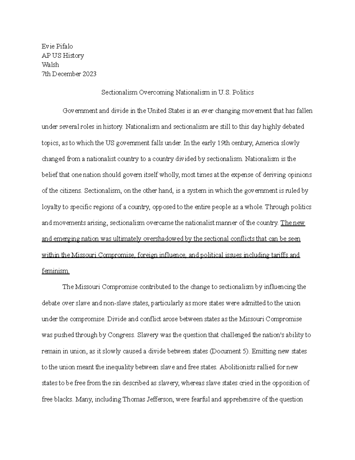 Evelyn Pifalo - APUSH Unit 4 - Sectionalism vs Nationalism DBQ - Studocu