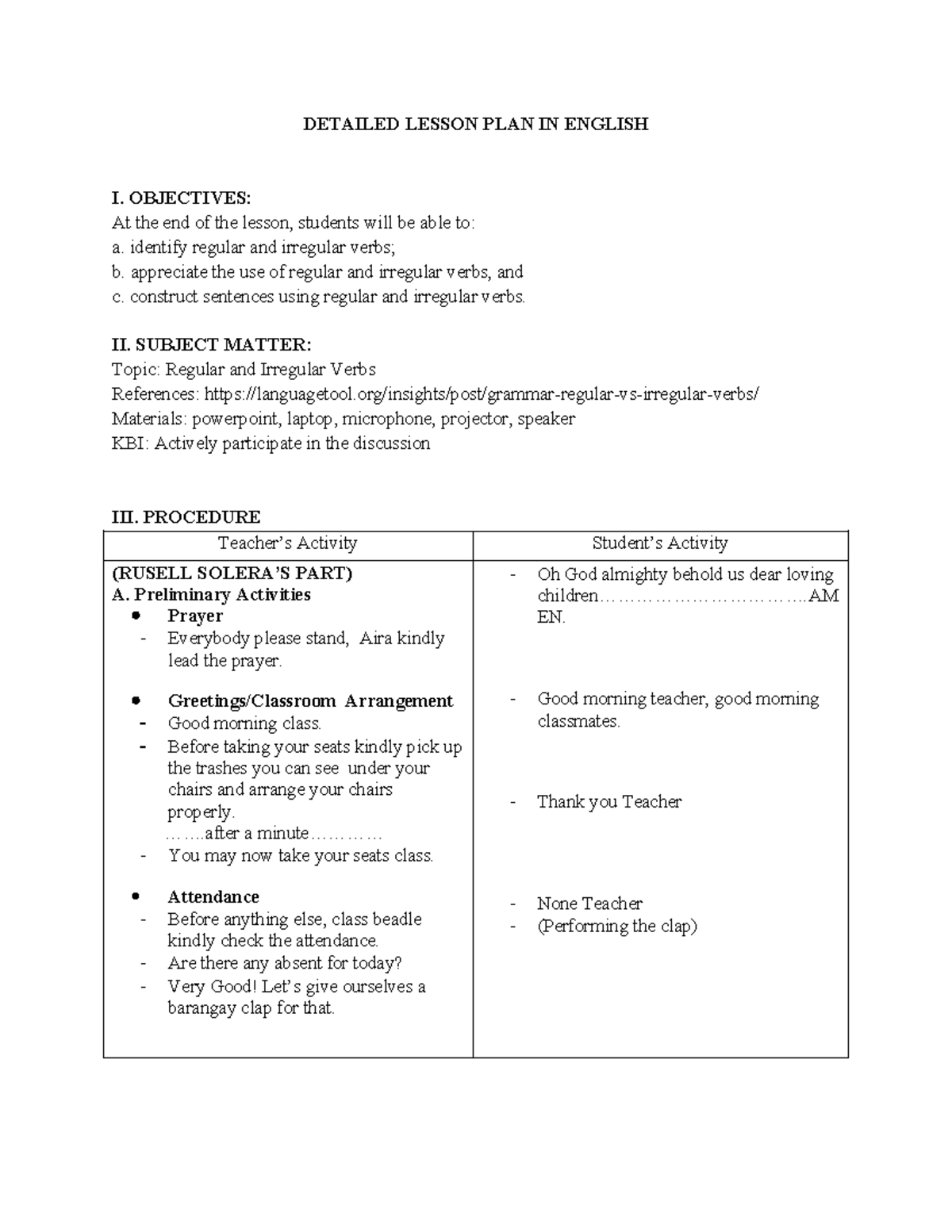 Detailed Lesson Plan: Regular and Irregular Verbs (ENG I) - Studocu