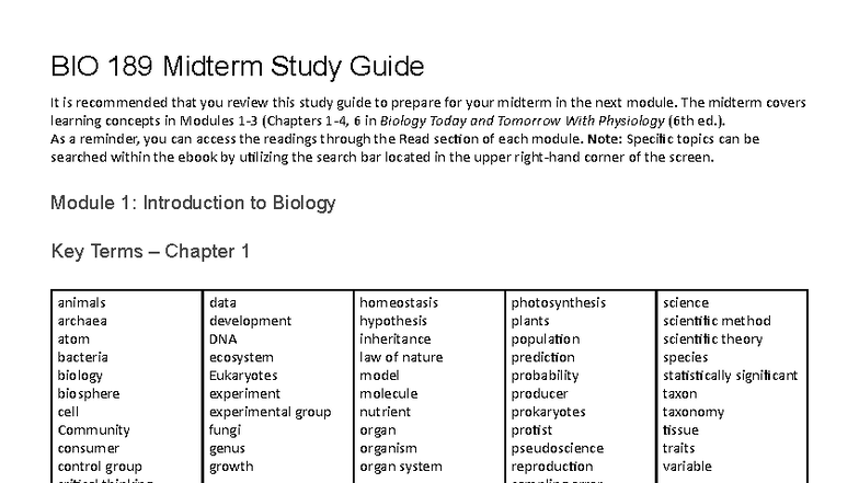 BIO 189 Midterm Study Guide: Key Concepts and Terms - Studocu