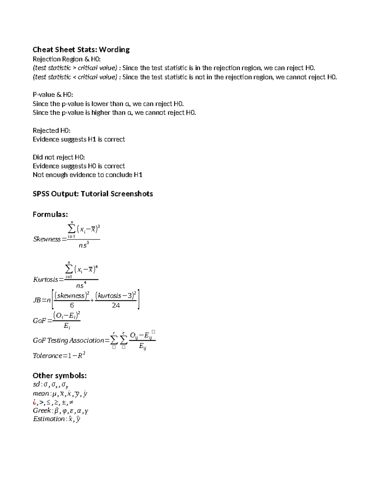 Cheat Sheet for Stats: Hypothesis Testing & SPSS Formulas - Studeersnel