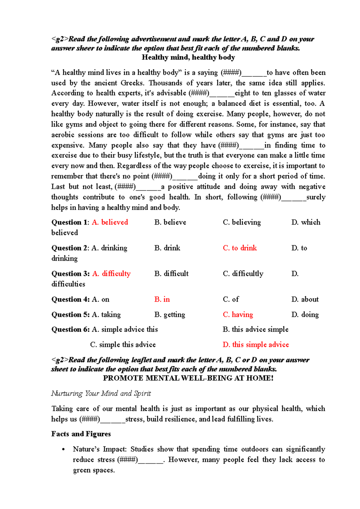 TEST1 K10 - Healthy Mind and Body: Fill-in-the-Blank Exercise - Studocu