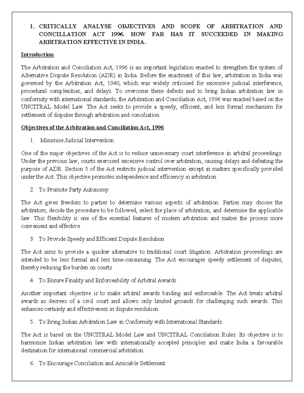 ADR 101: Analyzing the Arbitration and Conciliation Act, 1996 - Studocu