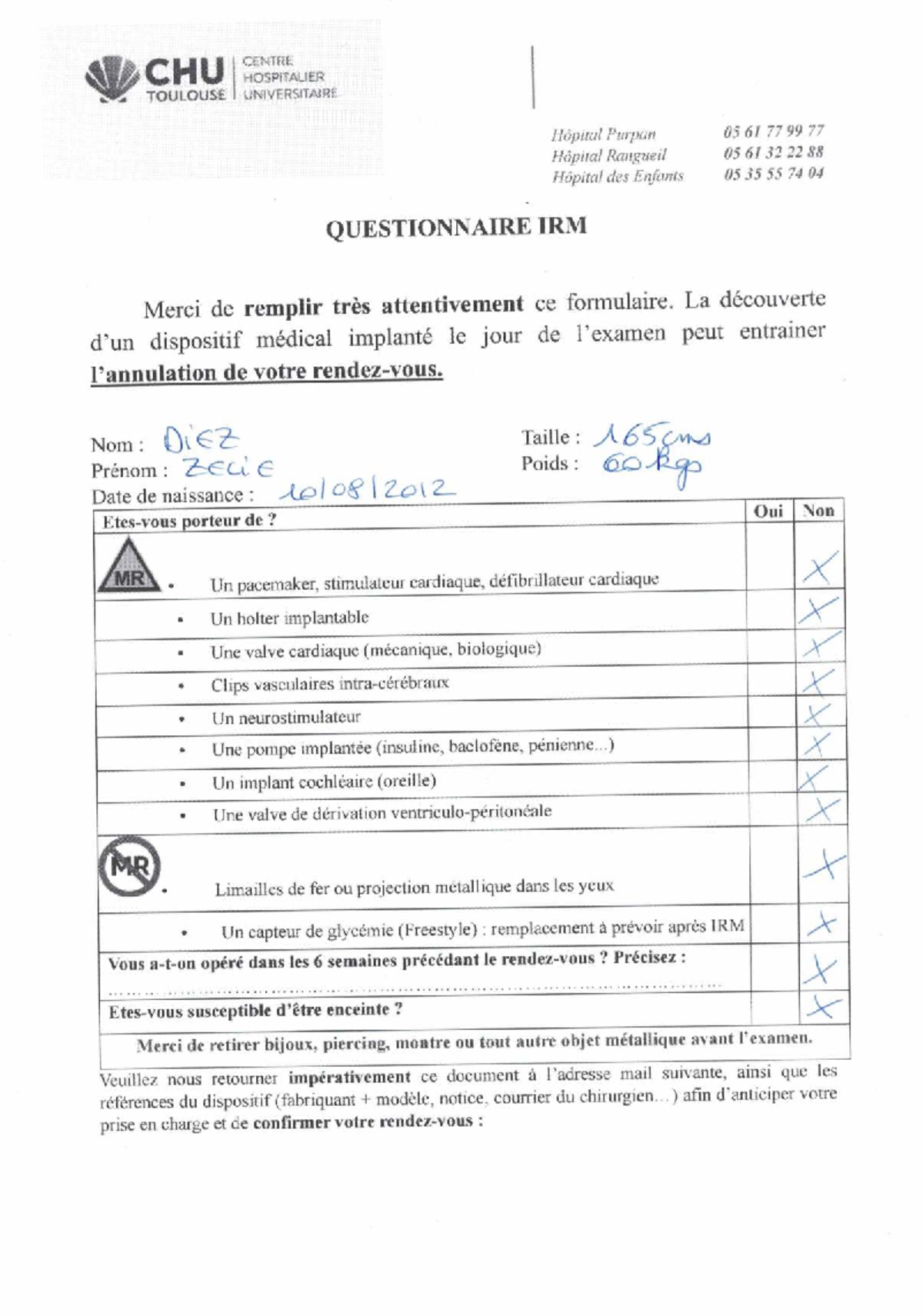 Questionnaire IRM pour Patients - Hôpital Purpan & Rangueil - Studocu