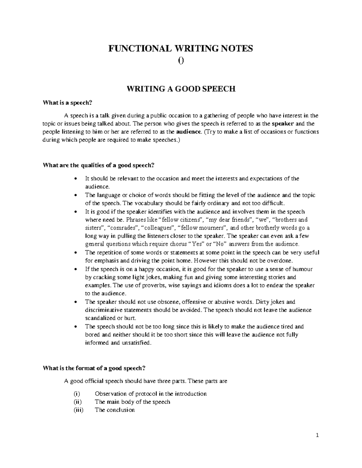 S - Lecture notes - FUNCTIONAL WRITING NOTES () WRITING A GOOD SPEECH ...