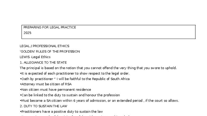 PLP 2025: Legal Professional Ethics - Class Lecture Notes - Studocu