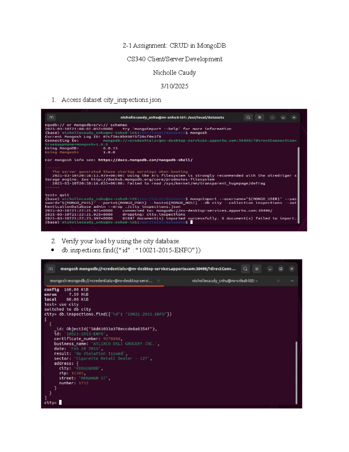 CS340 2-1 Assignment CRUD in Mongo DB - 2-1 Assignment: CRUD in MongoDB CS340 Client/Server ...