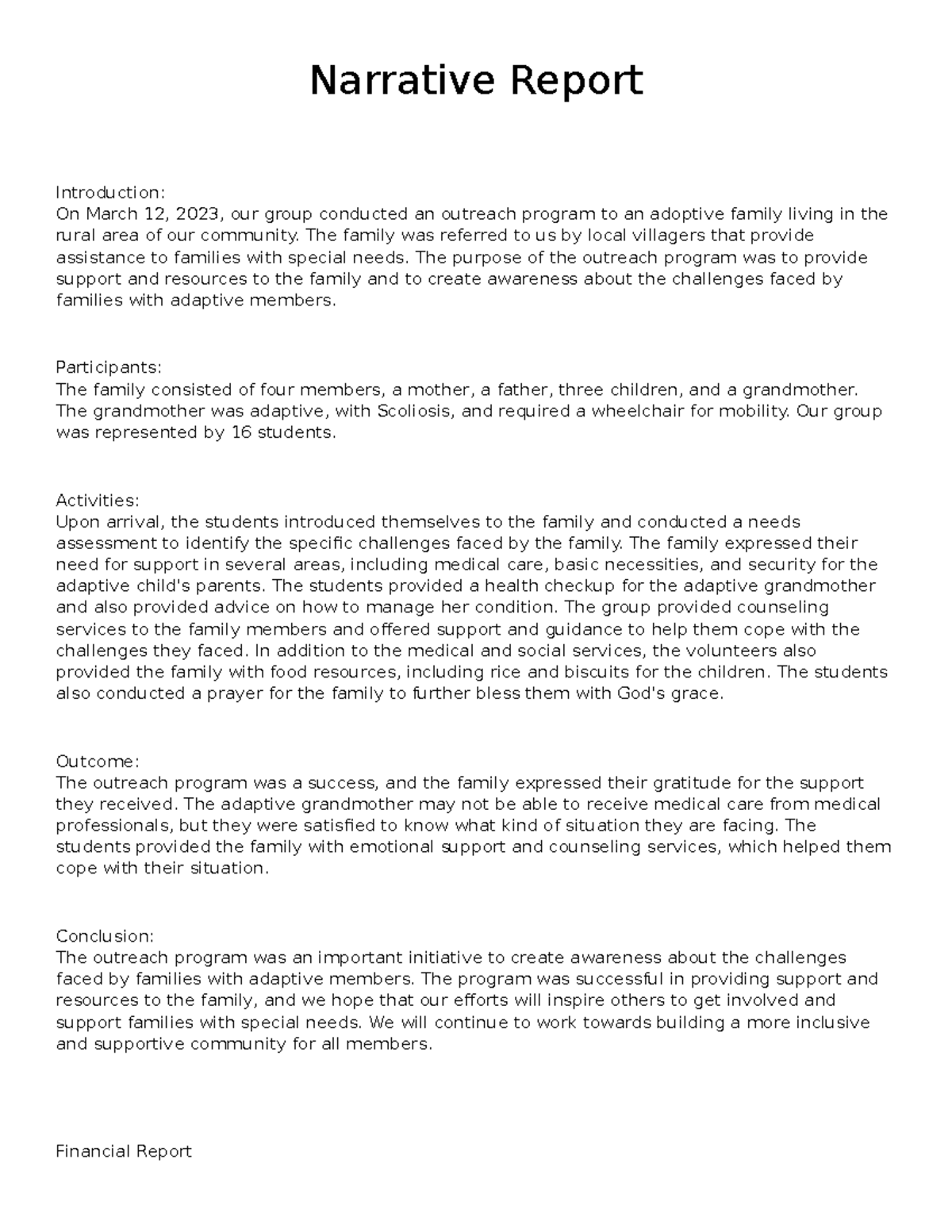 Outreach Program Report for Families with Special Needs Support - Studocu