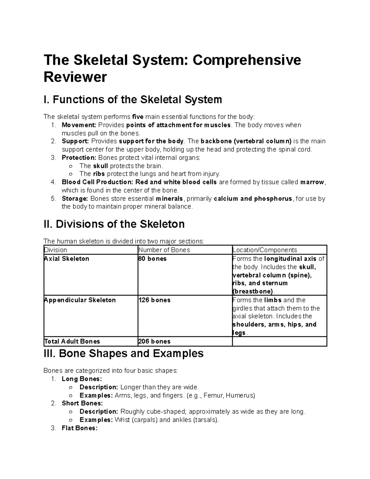 Skeletal System Review: Functions, Divisions & Structures - Studocu