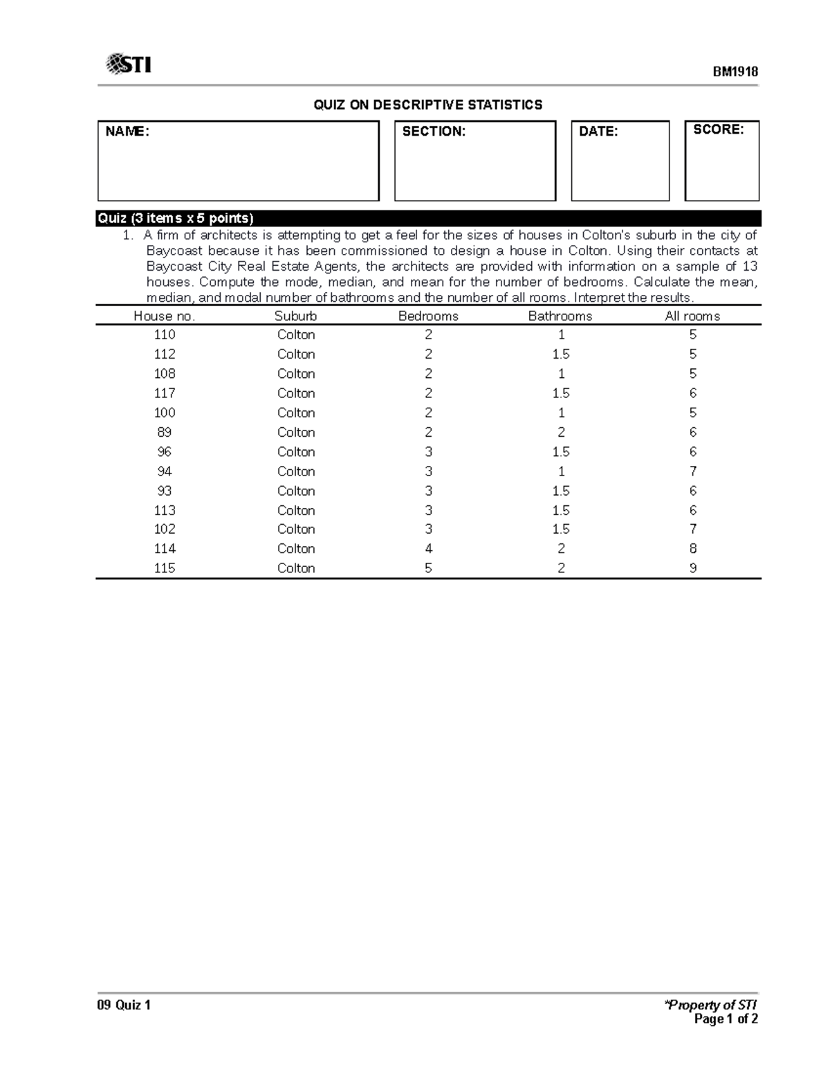 08 Quiz 1 - Descriptive Statistics and Interpretation - Studocu