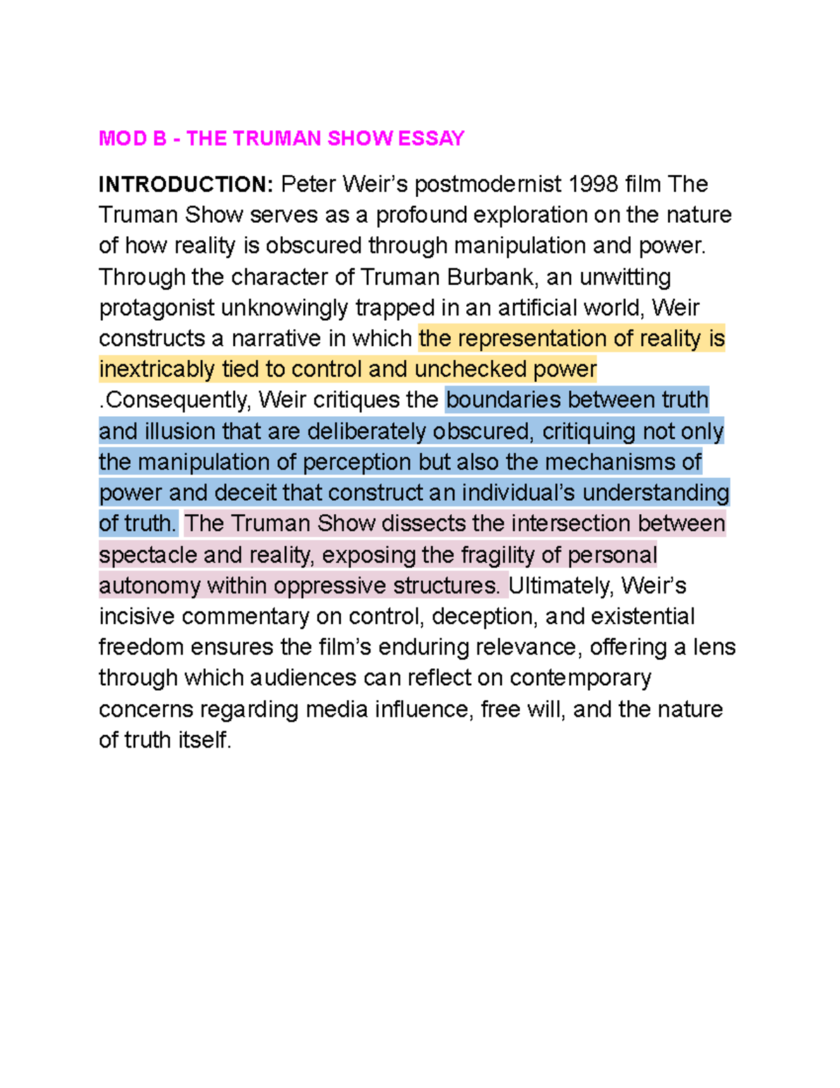 MOD B - The Truman Show: An Essay on Reality and Control - Studocu