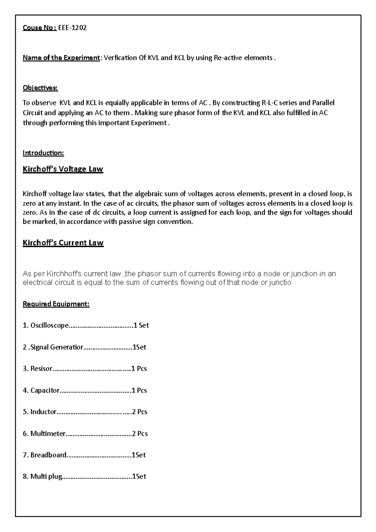 EEE03 - lab report - Couse No : EEE- Name of the Experiment ...