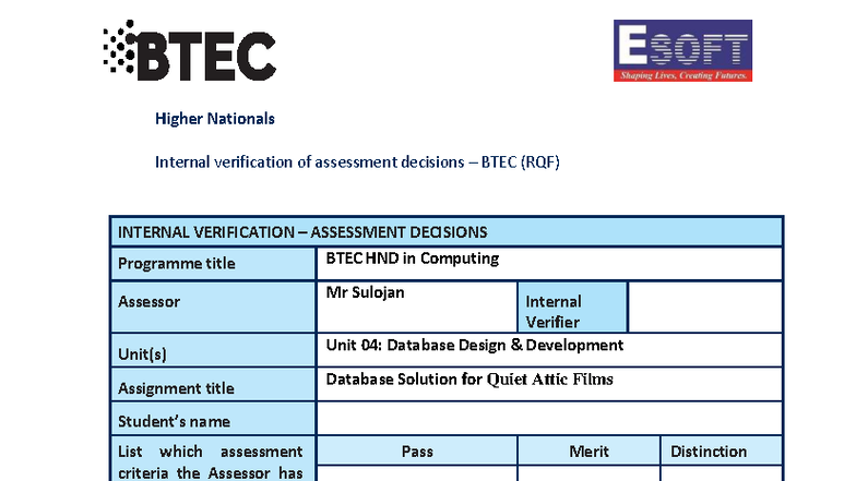 HND in Computing: Database Design Development Assignment - Studocu