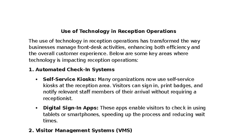 Use of Tech in Reception Ops: Enhancing Efficiency & Experience - Studocu