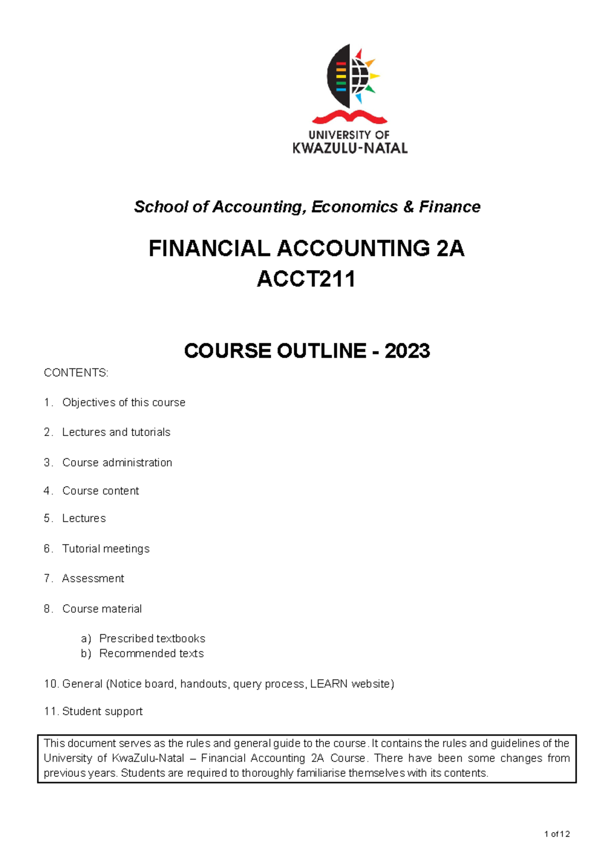 ACCT211 Financial Accounting 2A Course Outline - 2023 Update - Studocu