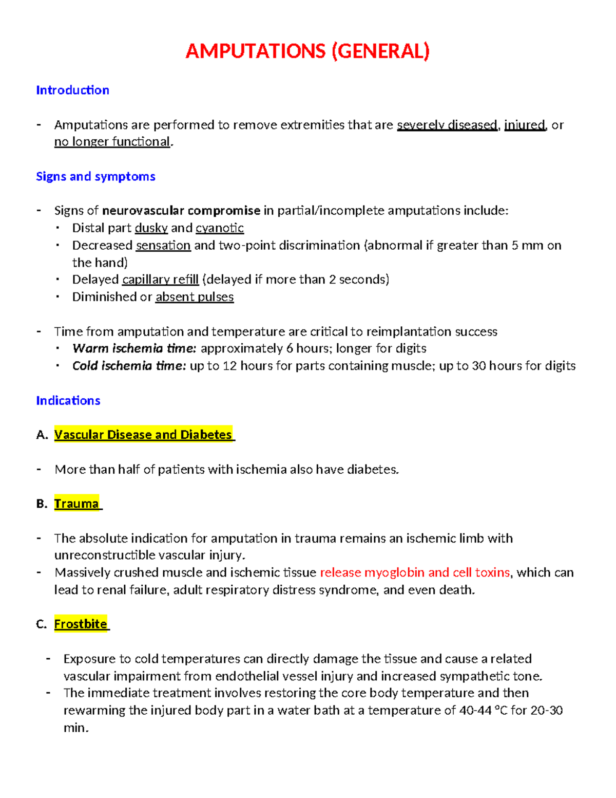 Amputations (General) Overview and Key Considerations - Studocu