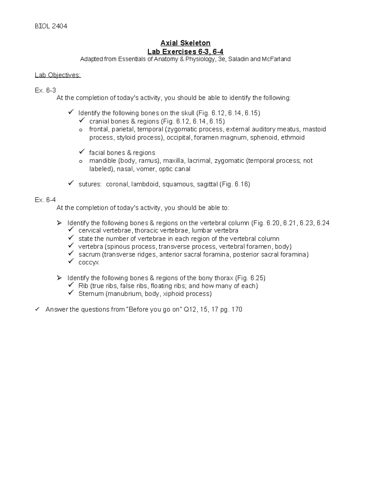 BIOL 2404 Axial Skeleton Lab Exercises: Identification Guide - Studocu