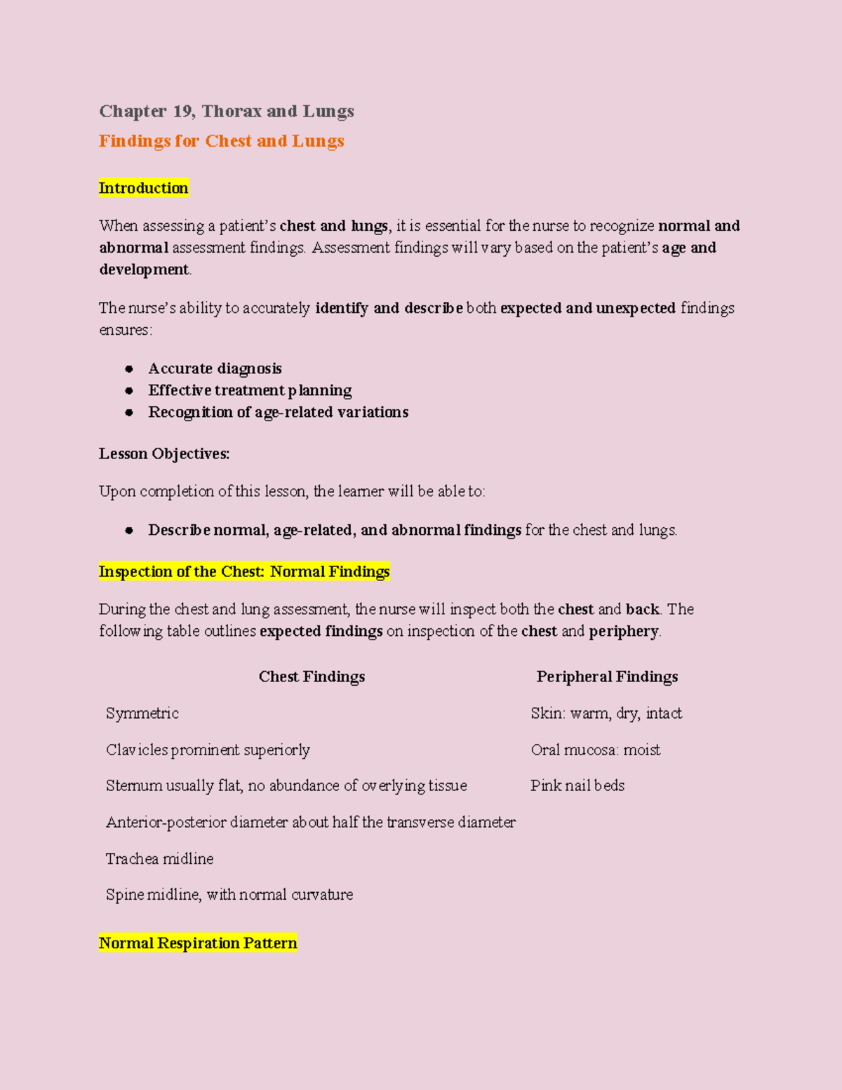 HA 4 - Chapter 19: Thorax and Lungs Assessment Findings - Studocu