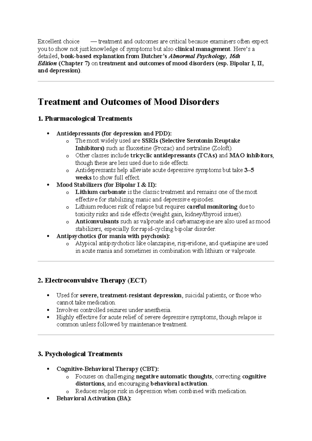 Abnormal Psychology (Chapter 7): Treatment & Outcomes of Mood Disorders ...