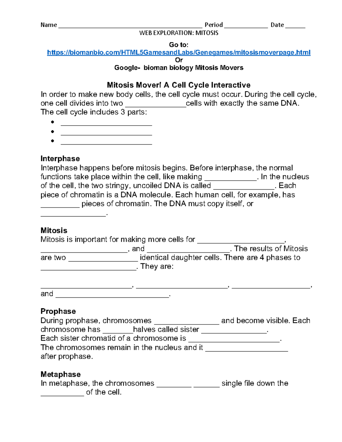 Mitosis Mover Interactive Activity - Name ...