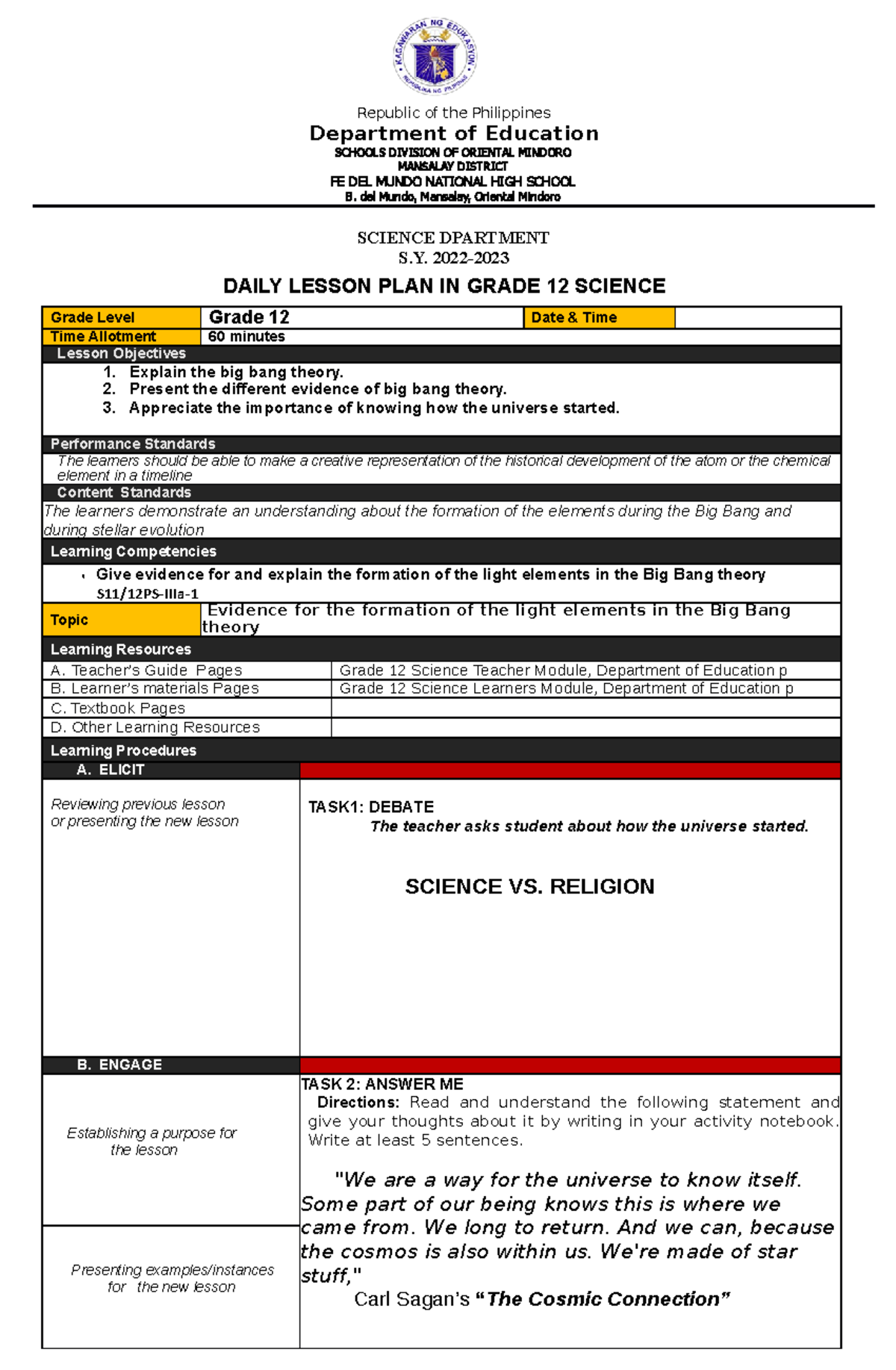 Q3W1-Grade 12 Science - Big Bang Theory Lesson Plan - Studocu
