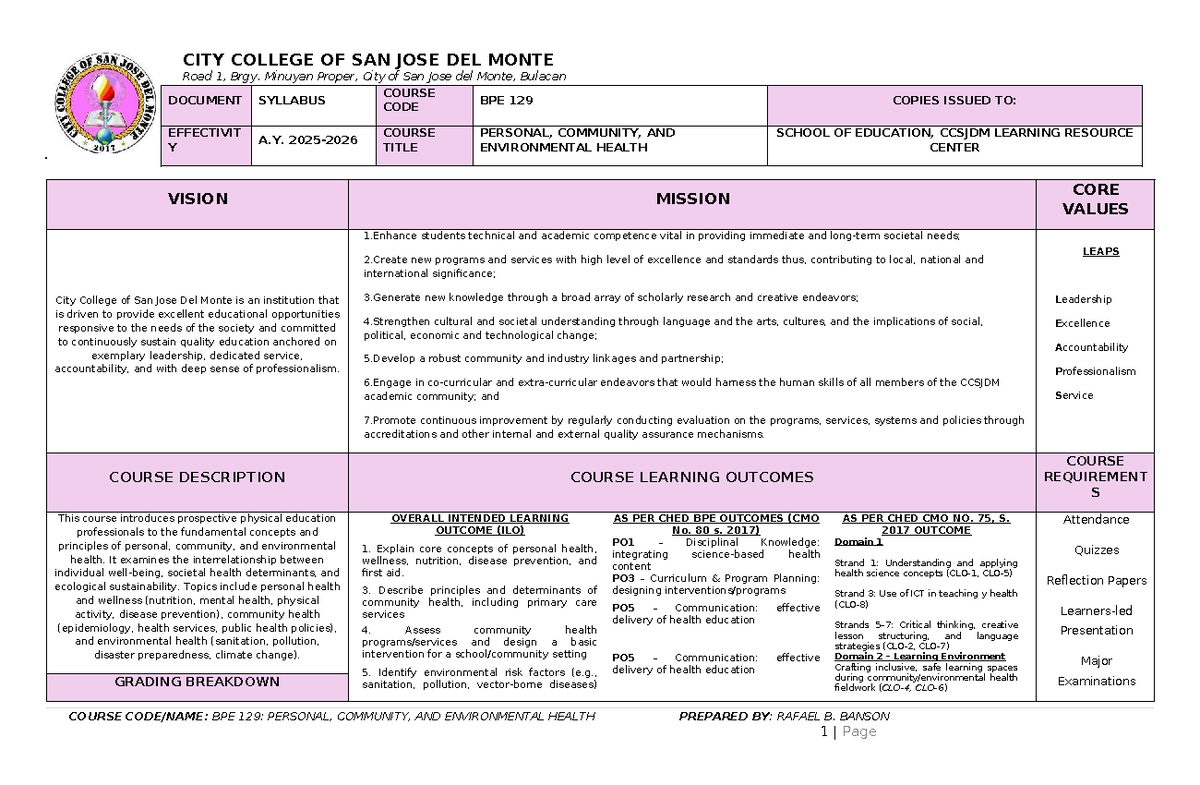 Syllabus for BPE 129: Personal, Community, and Environmental Health ...