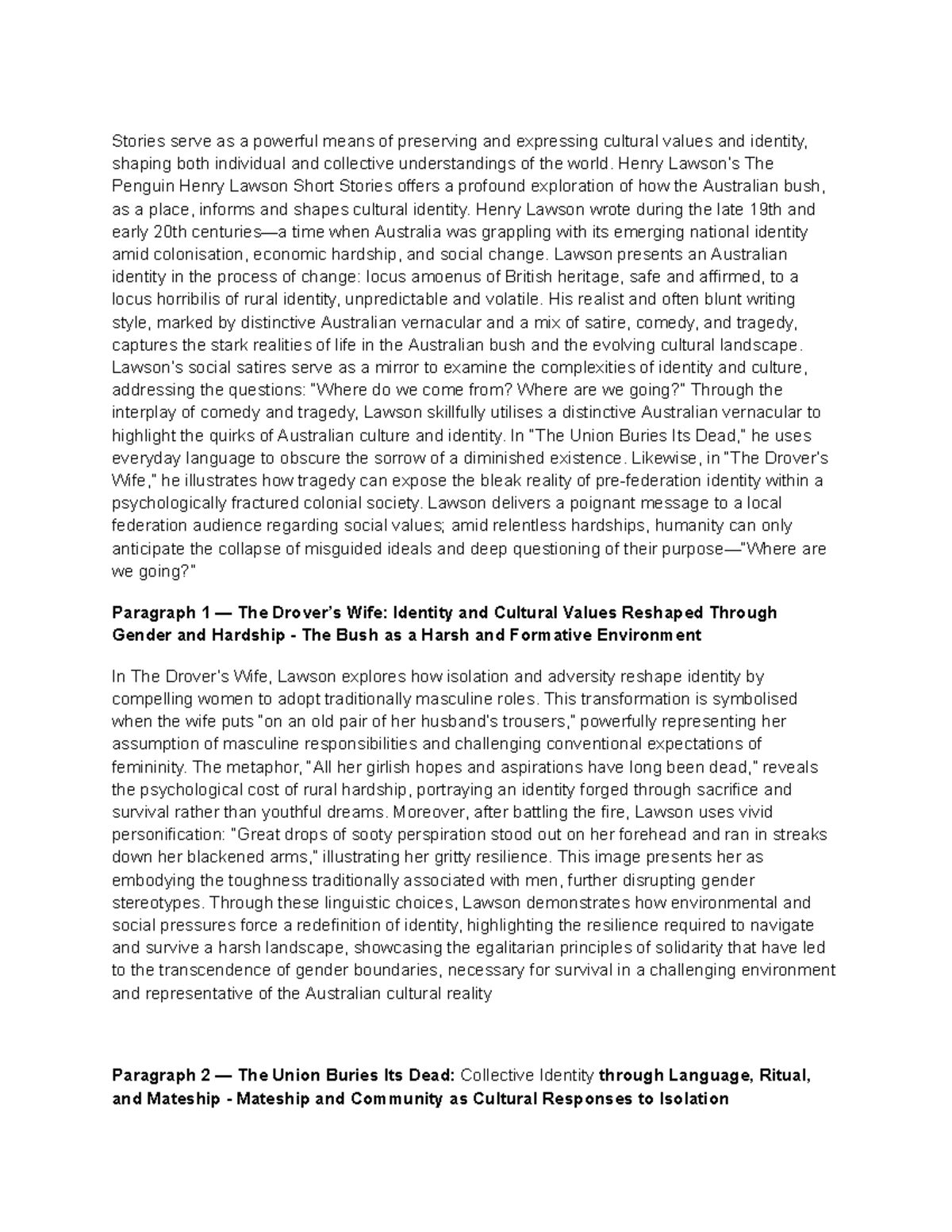 Analysis of Identity and Culture in Lawson's Short Stories (ENG 201 ...
