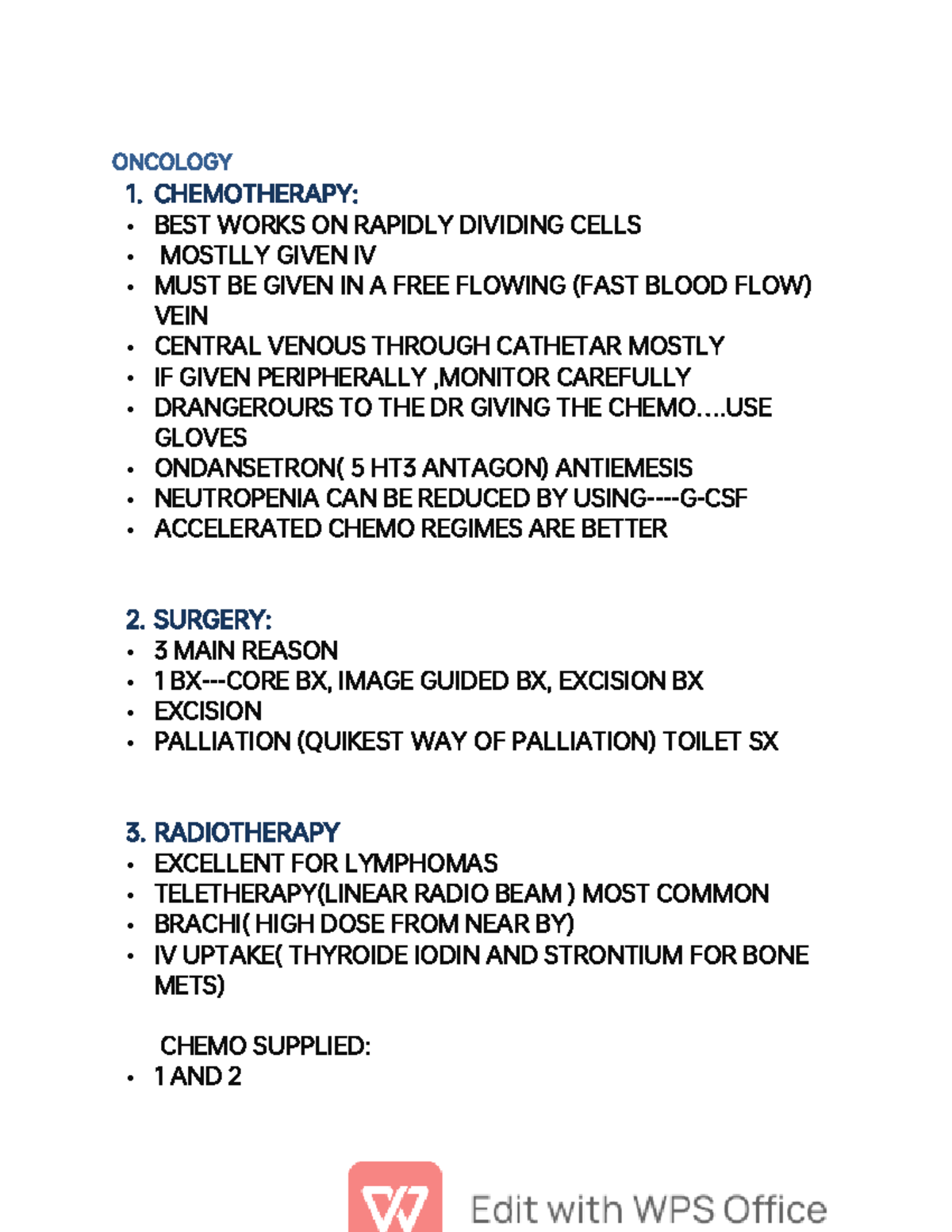 Oncology - Important point - ONCOLOGY 1. CHEMOTHERAPY: BEST WORKS ON ...