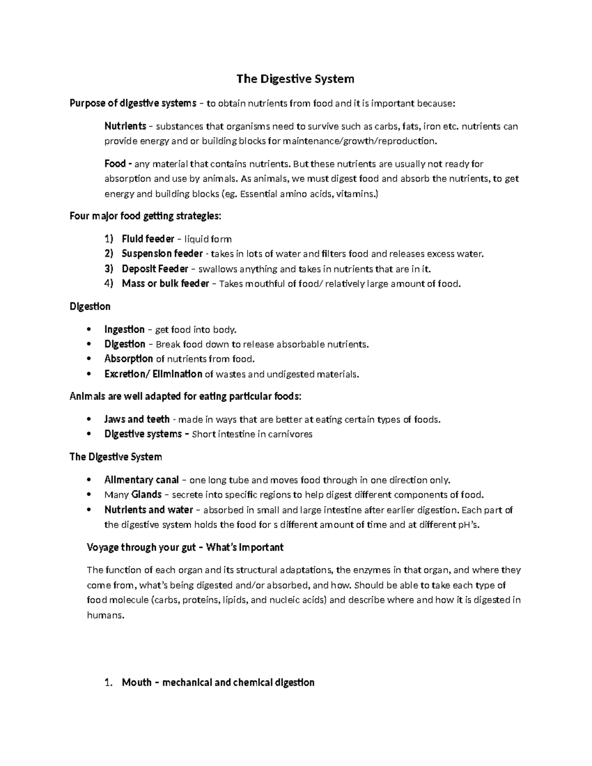 BISC 101 - Digestive System Overview and Nutrient Absorption Notes ...