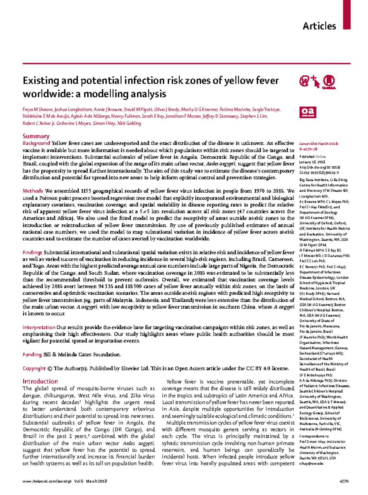 Global Yellow Fever Infection Risk Zones: A Modelling Analysis - Studocu