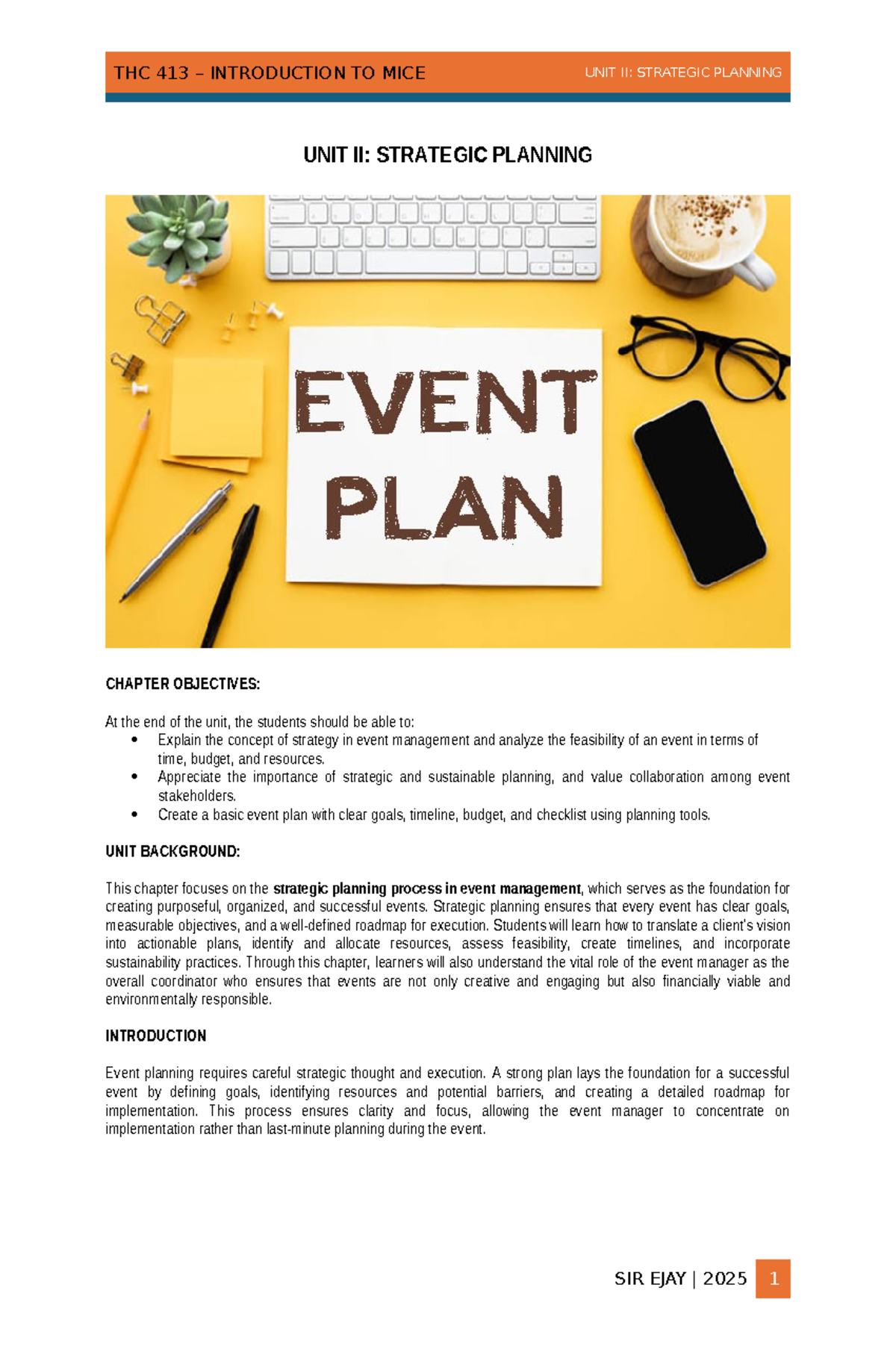 THC 413 UNIT II: STRATEGIC PLANNING IN MICE - CHAPTER OVERVIEW - Studocu