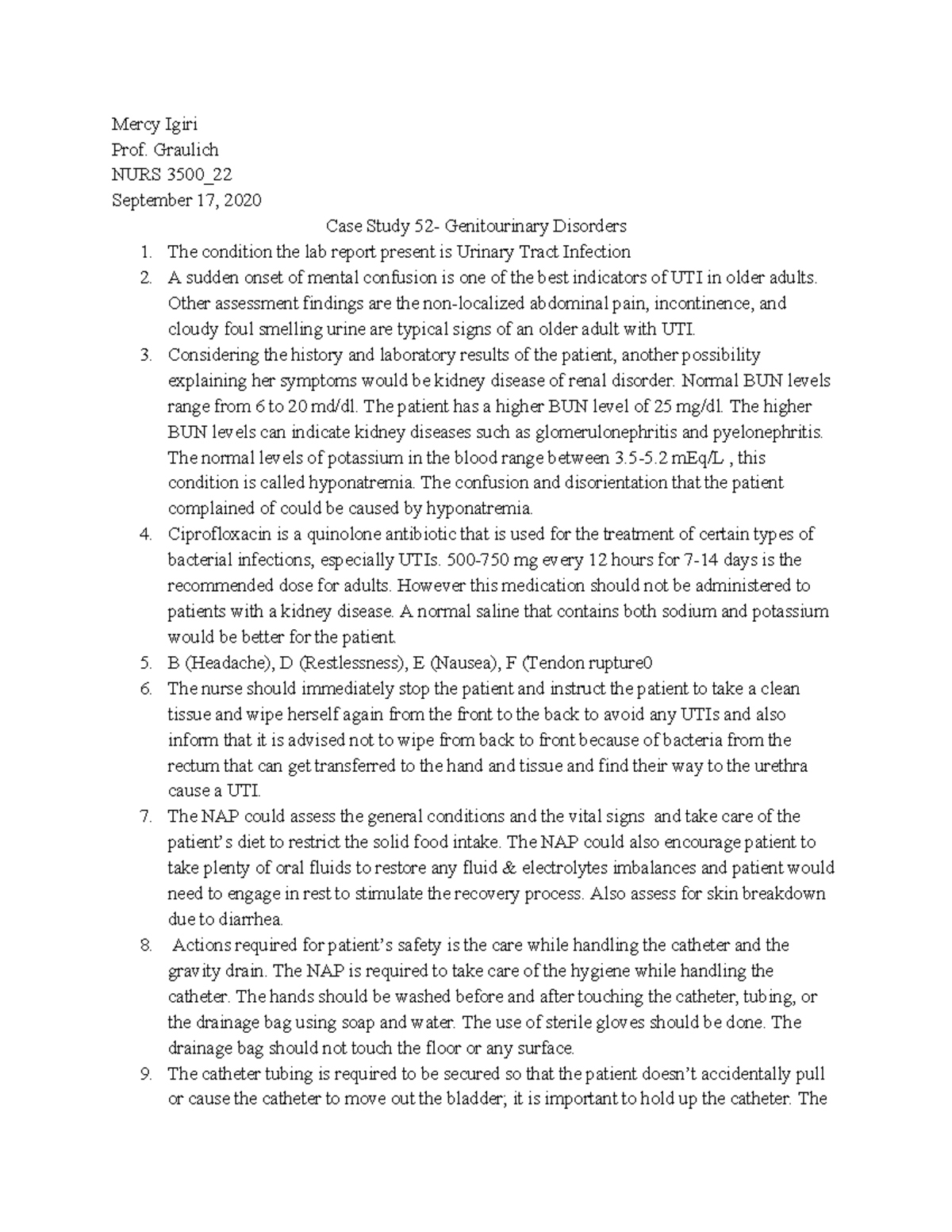 Case study #52 UTI - Mercy Igiri Prof. Graulich NURS 3500_ September 17, 2020 Case Study 52 ...