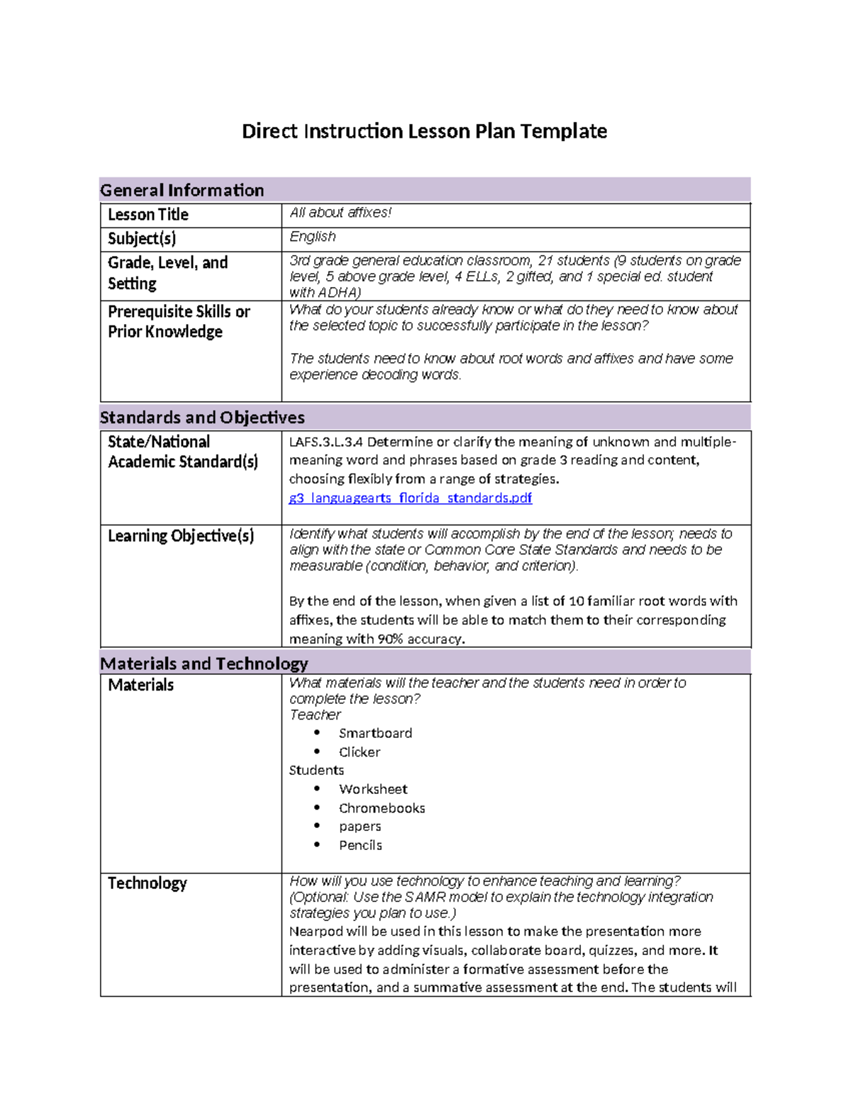 Direct Instruction Lesson Plan: All About Affixes for 3rd Grade - Studocu