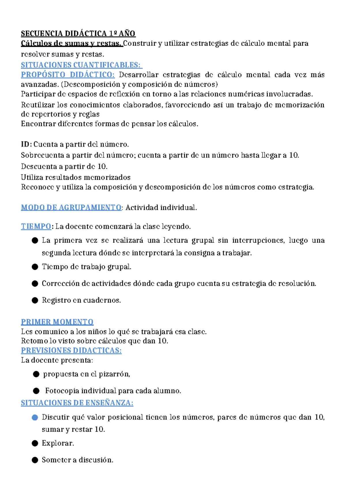 SECUENCIA DIDÁCTICA 1º AÑO: Estrategias para Sumas y Restas - Studocu