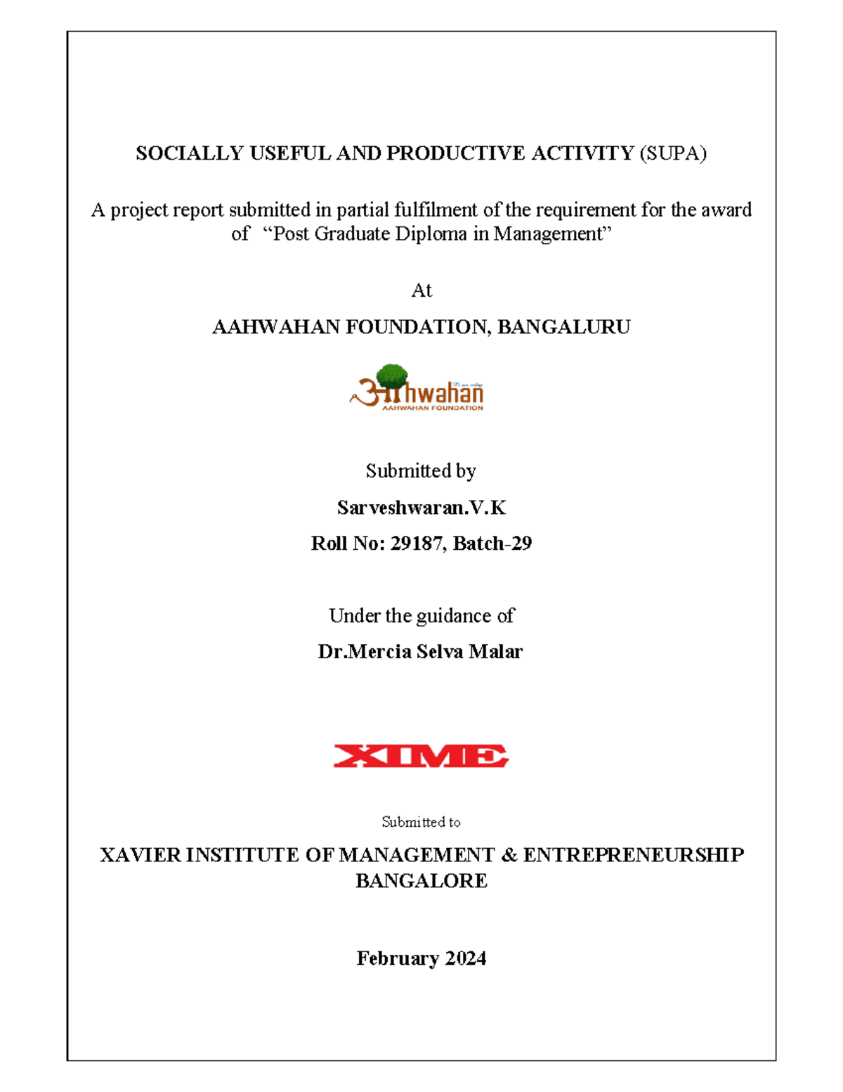 SOCIALLY USEFUL AND PRODUCTIVE ACTIVITY (SUPA) Project Report - PGDM ...