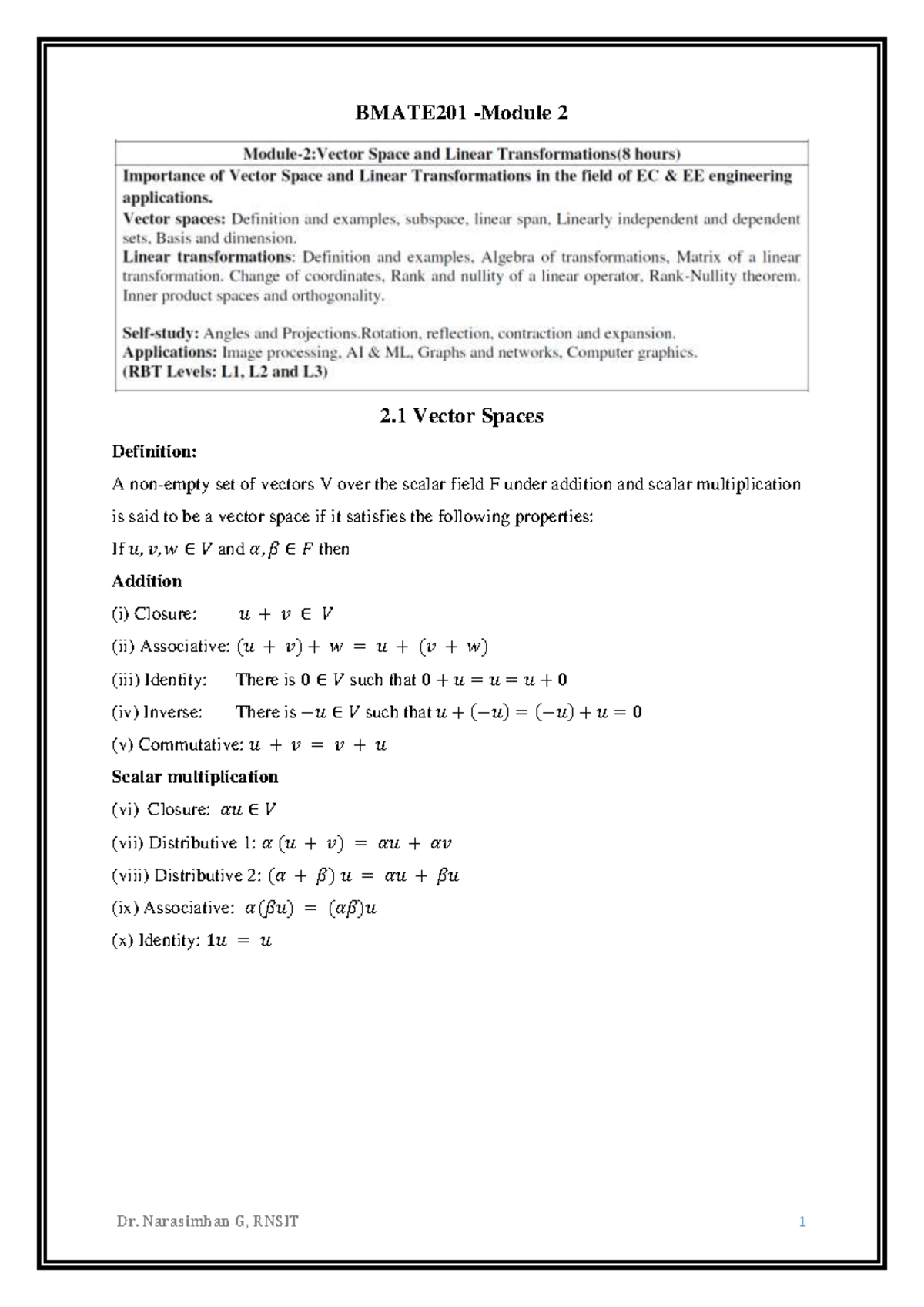 BMATE201 - Module 2 - Comprehensive Notes for Vector Spaces Exam - Studocu