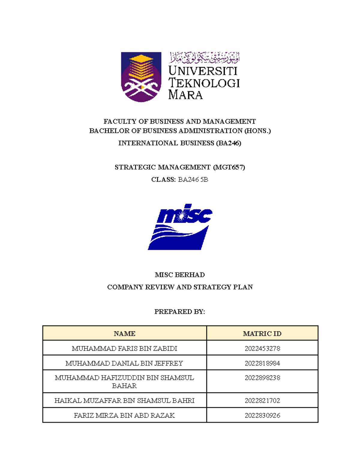 Strategic Management Case Study: MISC Berhad (BA246, MGT657) - Studocu