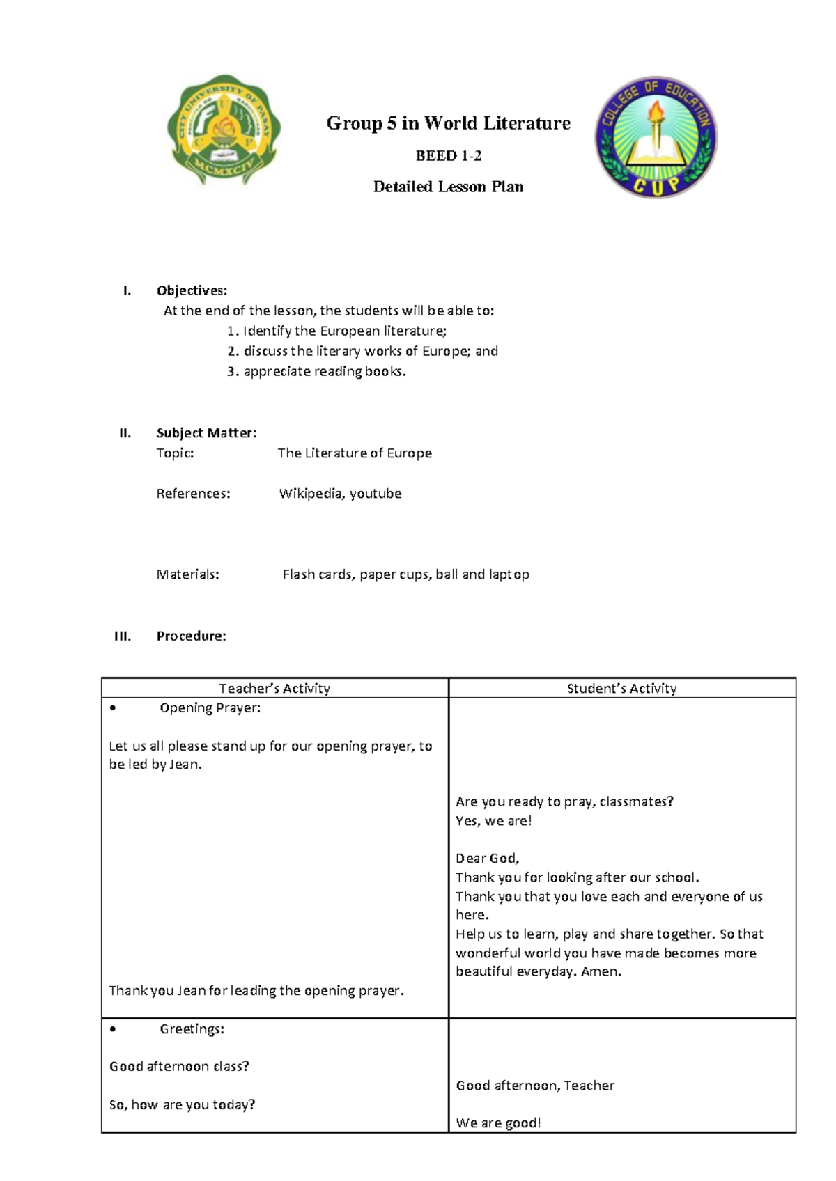 BEED 1-2: Detailed Lesson Plan on European Literature - Studocu