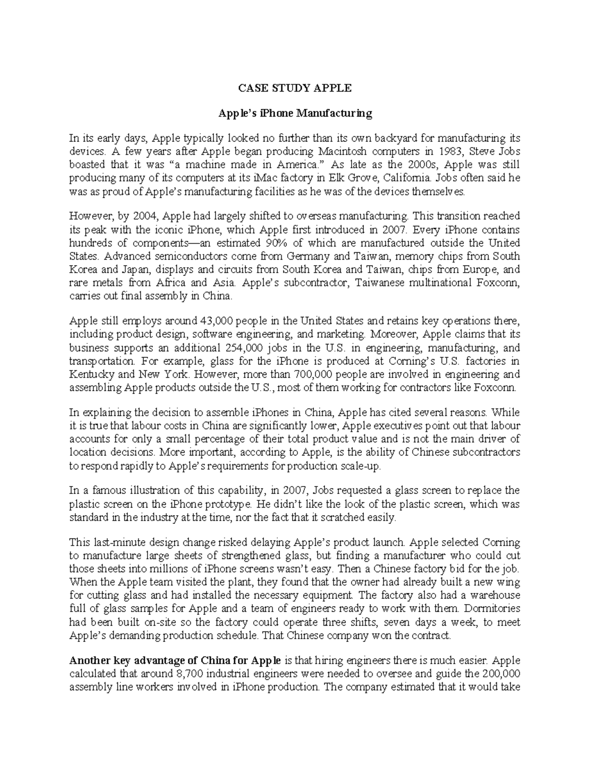 CASE STUDY: APPLE iPhone Manufacturing and Outsourcing Strategies - Studocu