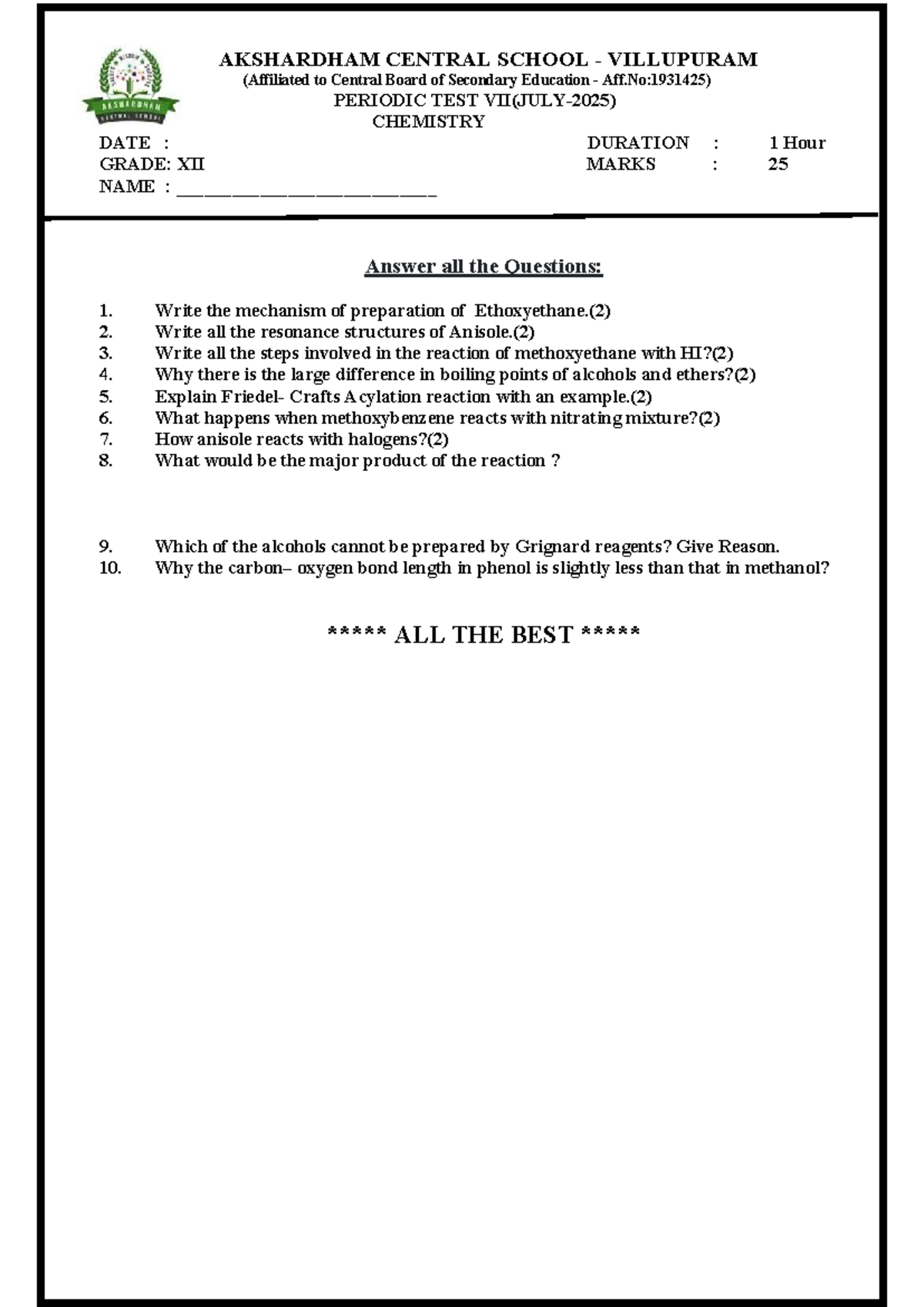 Periodic Test: Chemistry Grade XII - AKSHARDHAM CENTRAL SCHOOL - Studocu
