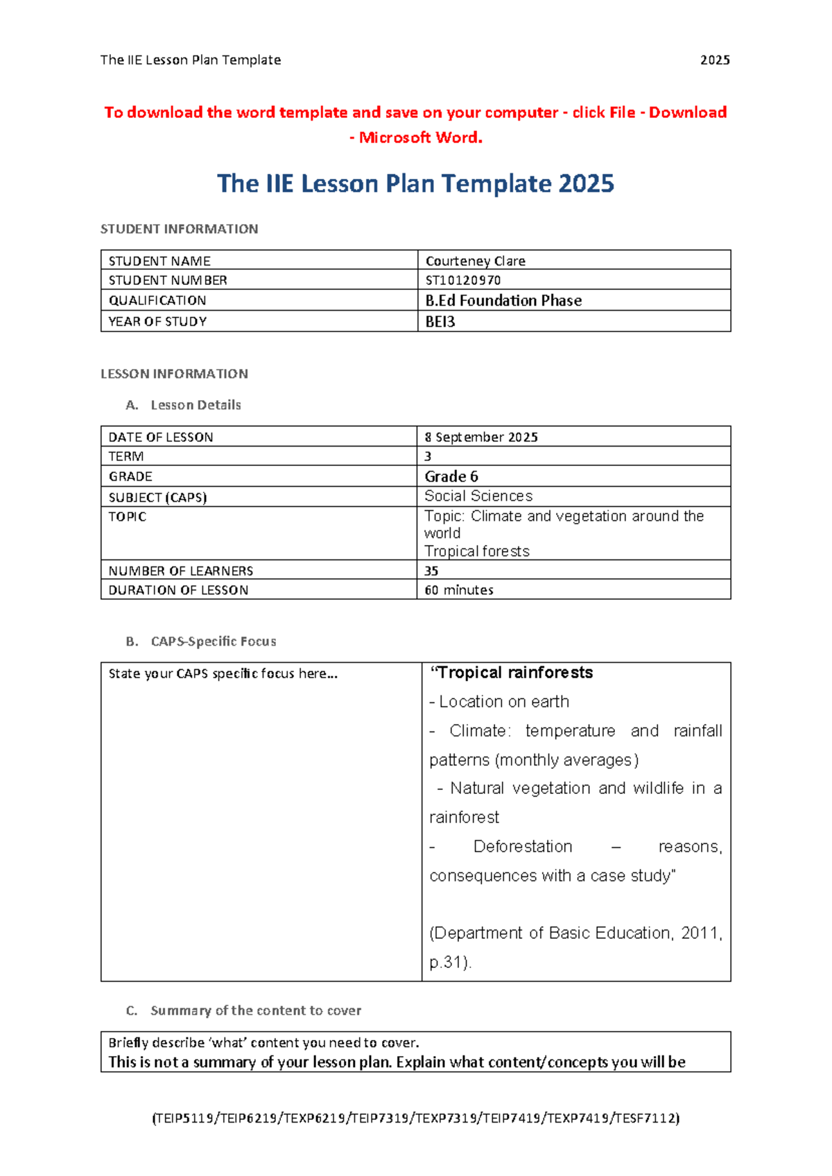 IIE Lesson Plan Template 2025: Social Science on Rainforests - Studocu