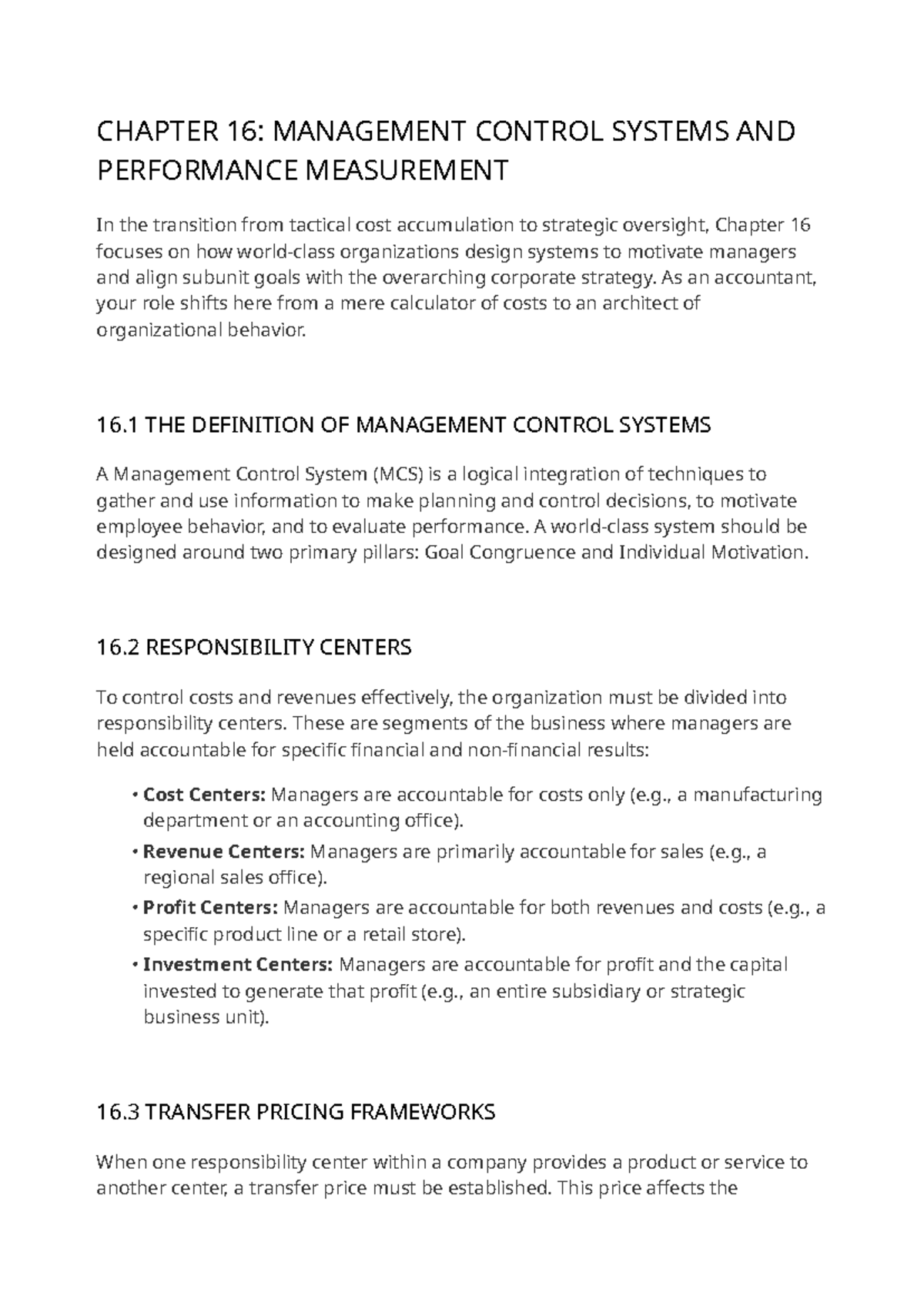 CHAPTER 16: MGT CONTROL SYS & PERFORMANCE MEASUREMENT - Studocu