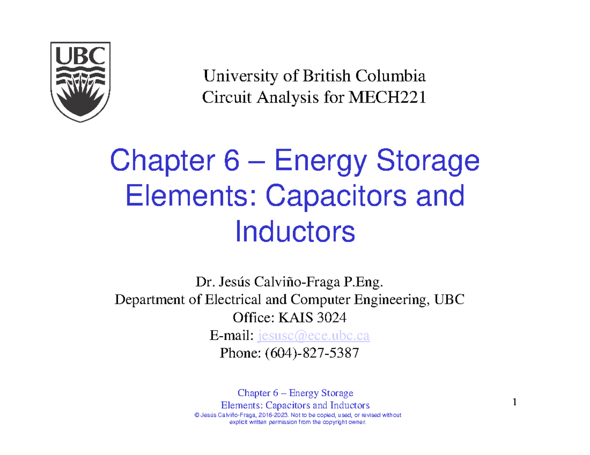 Chapter 6: Energy Storage - Capacitors & Inductors Overview (MECH221) - Studocu