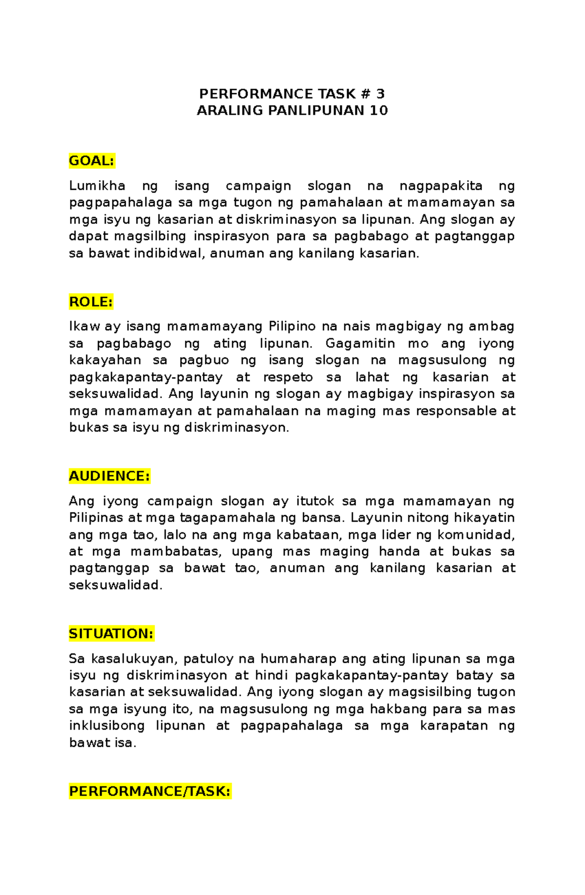 Third Performance TASK AP10 Q3 - PERFORMANCE TASK # 3 ARALING PANLIPUNAN 10 GOAL: Lumikha ng ...