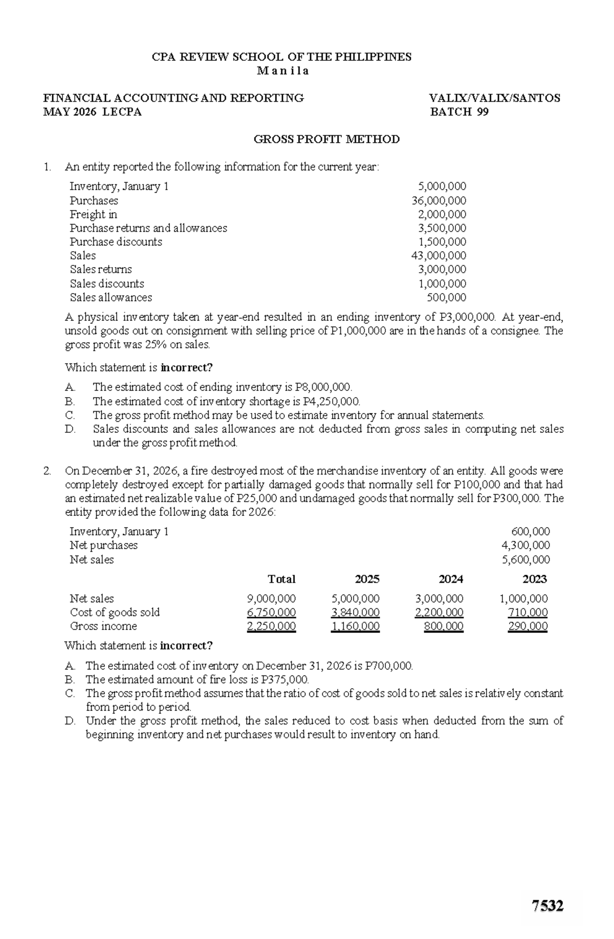 CPA 7532 Gross Profit Method Review for Financial Accounting - Studocu